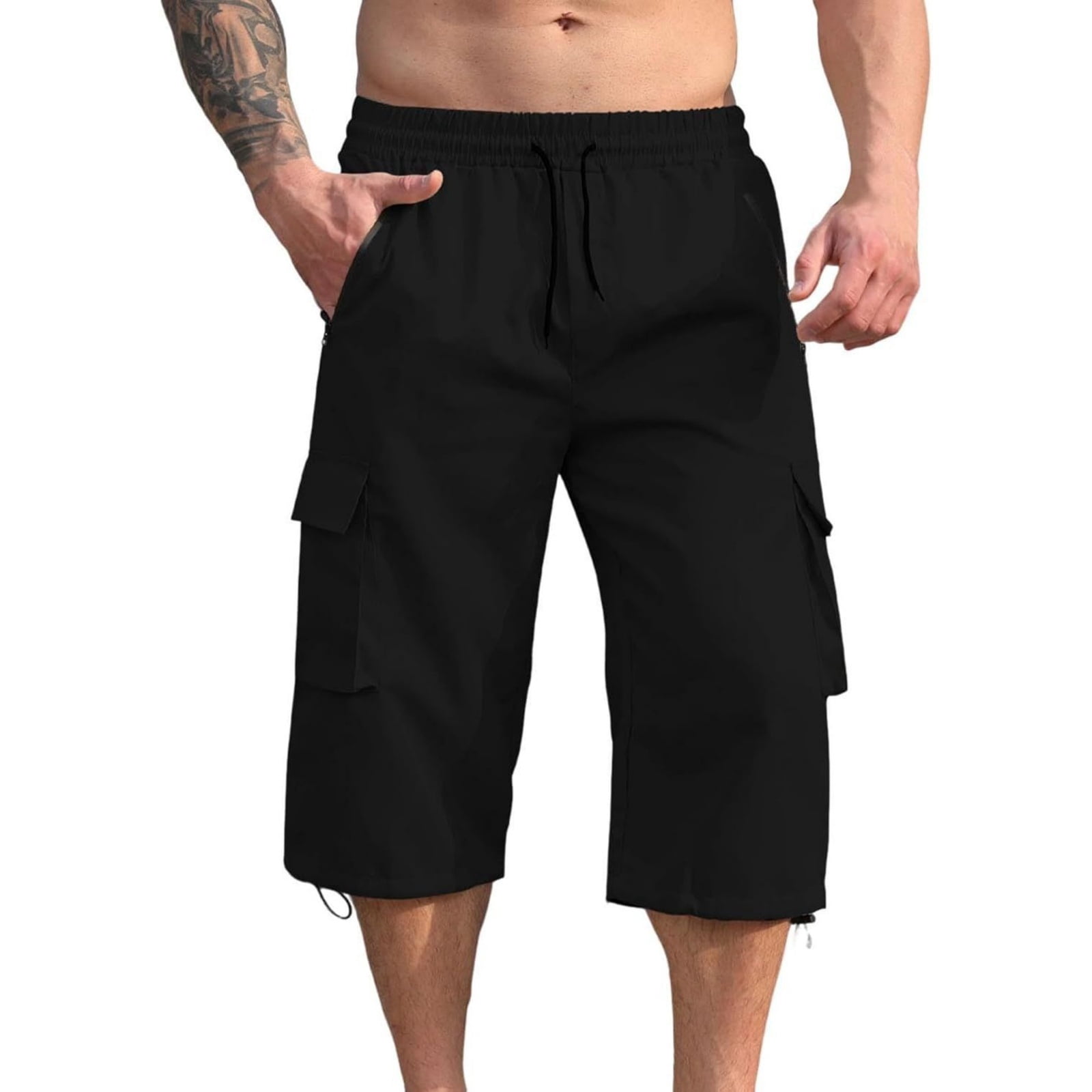 3/4 Length Cargo Shorts for Men Elastic Waist Big and Tall Below Knee ...