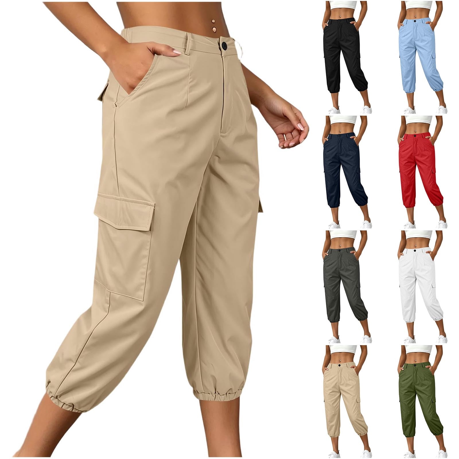 3/4 Length Cargo Trousers Women High Waisted Capri Pants Work Combat ...