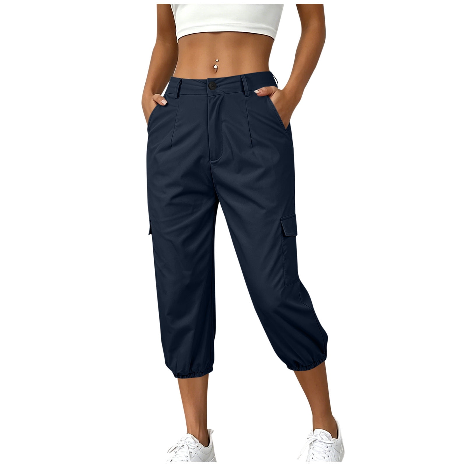 3/4 Length Cargo Trousers Women High Waisted Capri Pants Work Combat ...