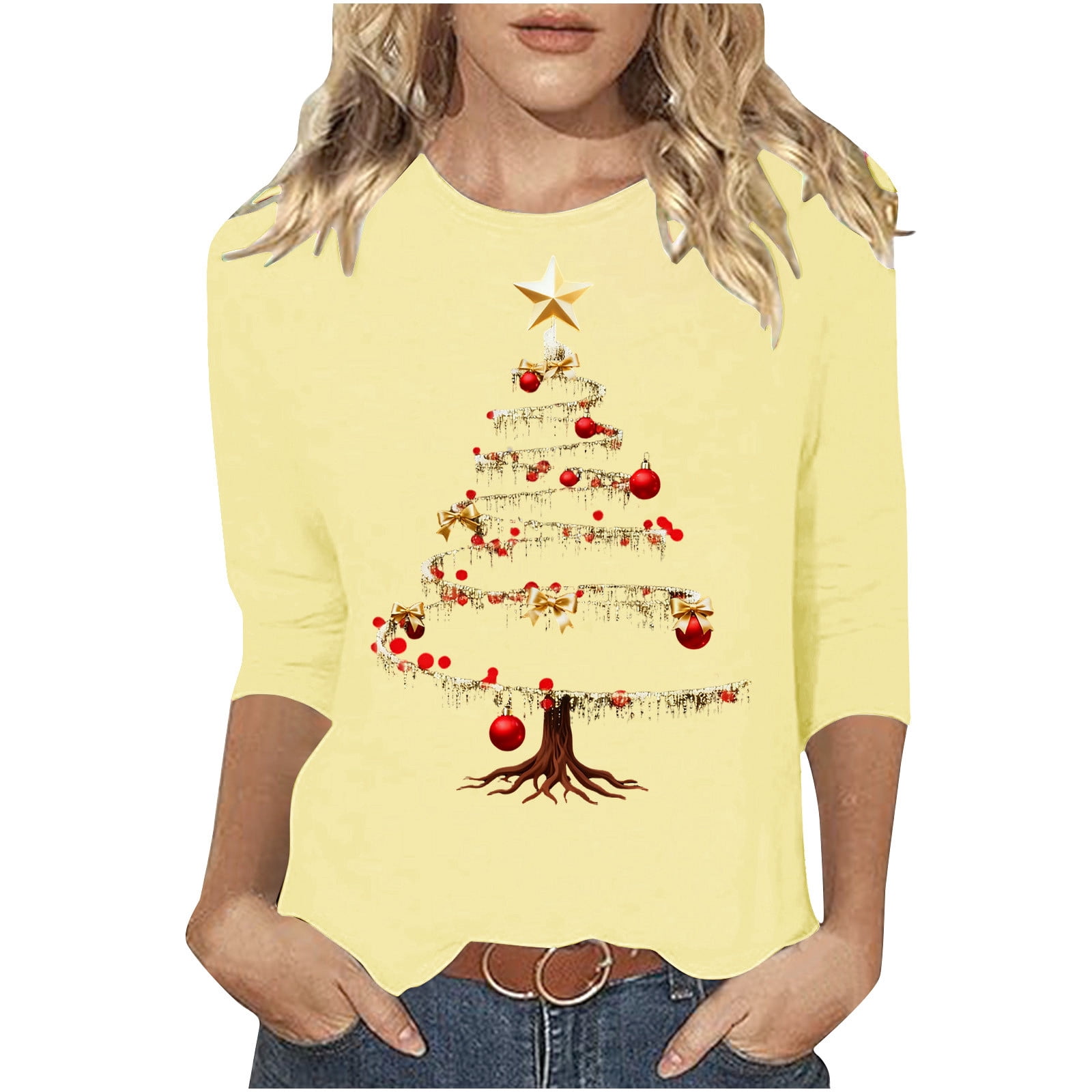3/4 Length Sleeve Christmas Shirts for Women Basic Loose Crewneck ...