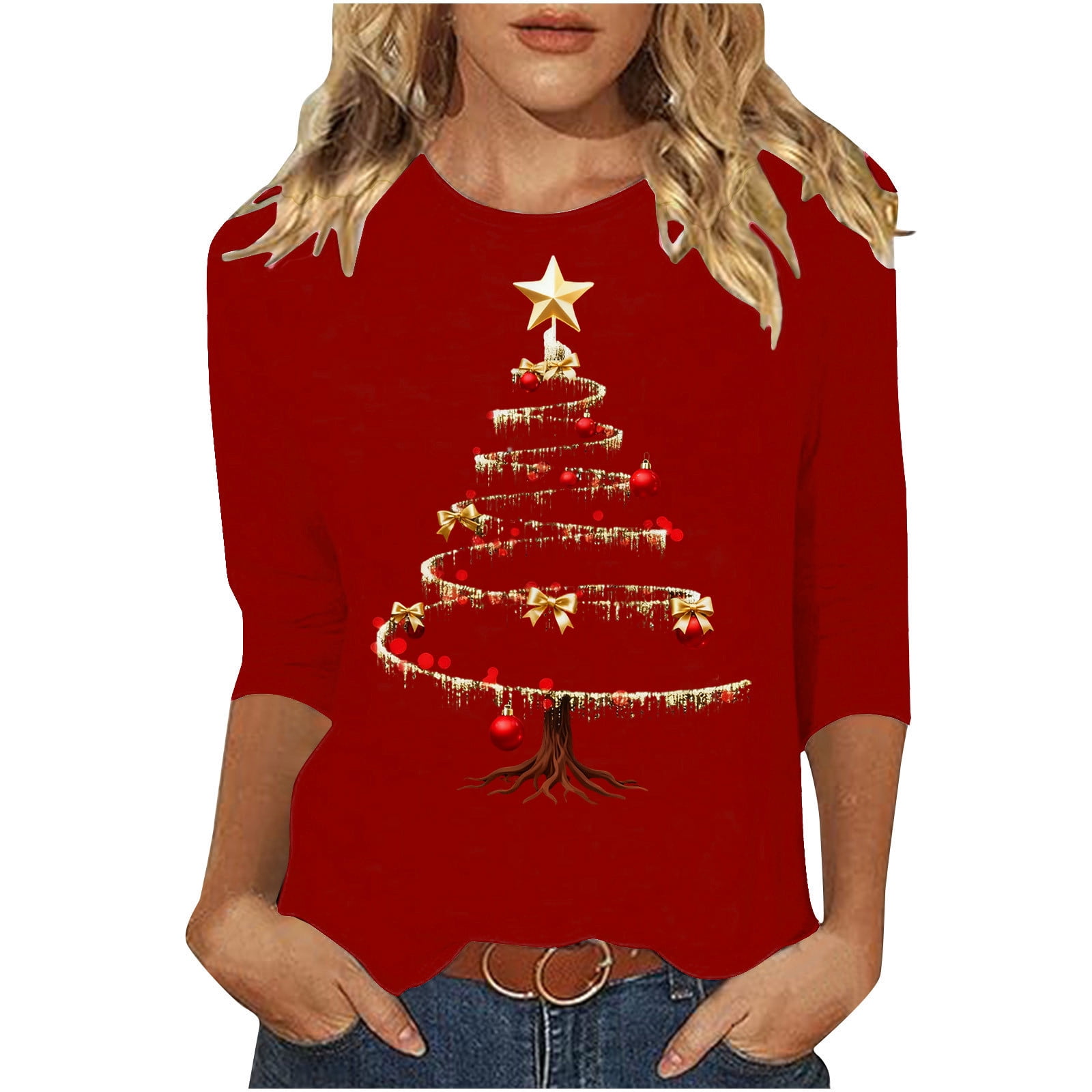 3/4 Length Sleeve Christmas Shirts for Women Basic Loose Crewneck ...