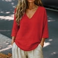 3/4 Length Sleeve Cotton Linen Womens Tops V Neck Loose Fit Dressy ...