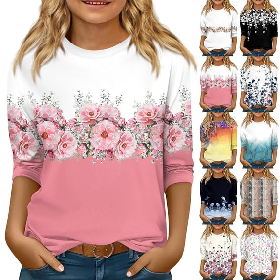 3/4 Length Sleeve Girls Tops 2026 Summer Fashion Crew Neck Cute Tunic ...