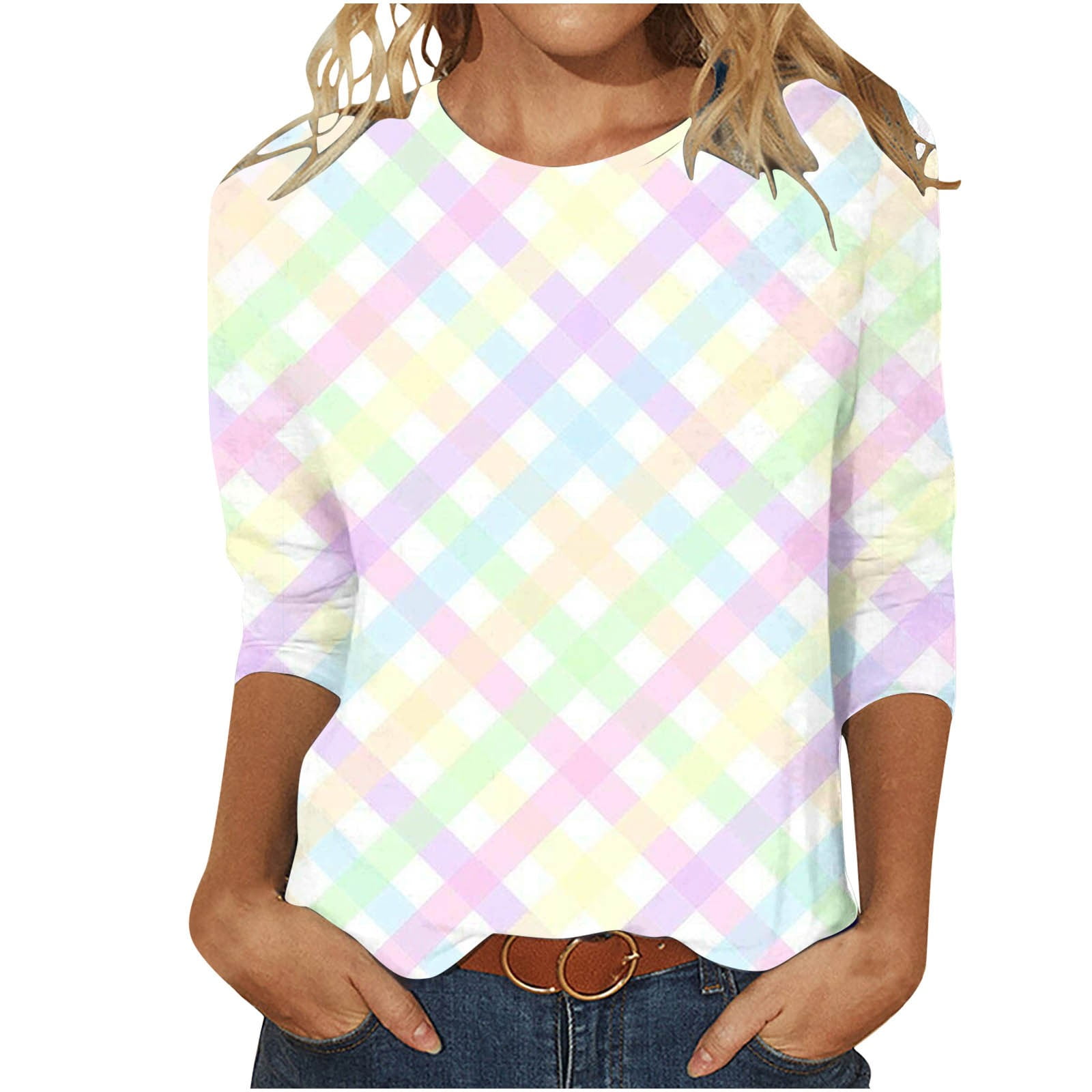 3/4 Length Sleeve Graphic Tees Casual Round Neck Fitted Womens Tops ...