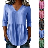 3/4 Length Sleeve Linen Womens Tops V Neck Striped T Shirts Business ...