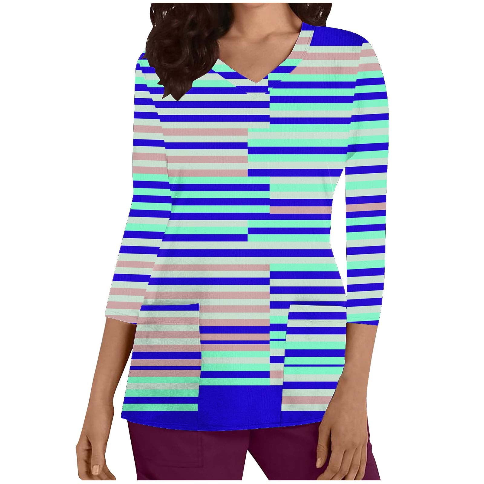 3/4 Length Sleeve Medical Scrubs Tee for Womens Striped Shirt Color ...