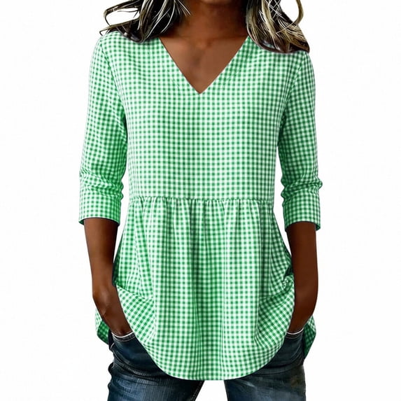 3/4 Length Sleeve Plaid Tunic Cotton Linen Tops for Women Western Fall ...