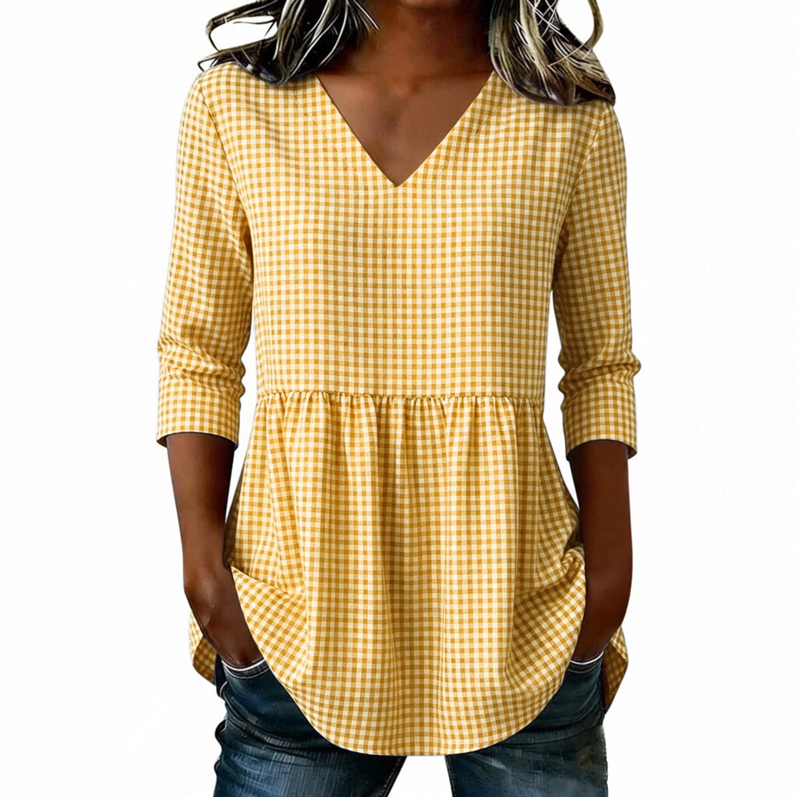 3/4 Length Sleeve Plaid Tunic Cotton Linen Tops for Women Western Fall ...