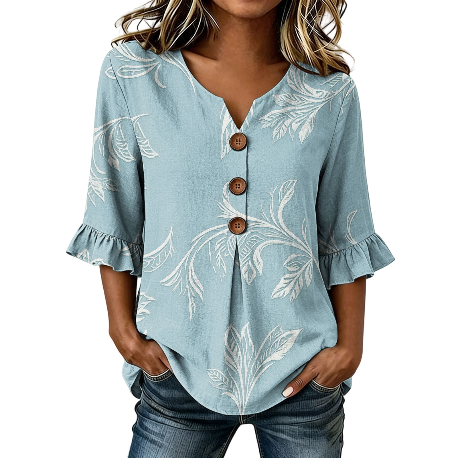 3/4 Length Sleeve Shirts Womens Cotton Linen Boho Blouses Tops with ...