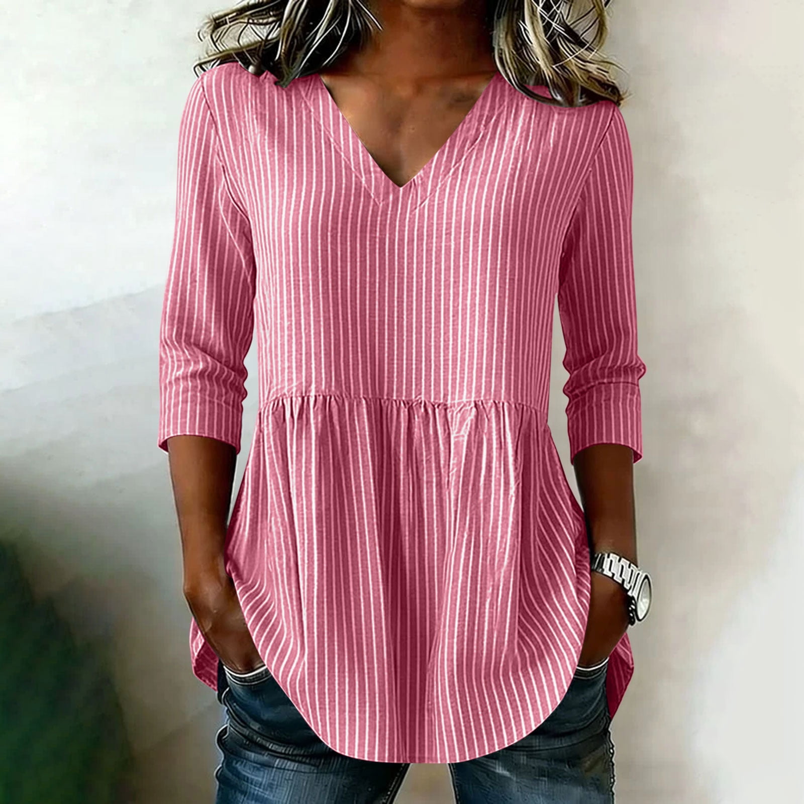 3/4 Length Sleeve Striped Linen Womens Tops Blouses for Women Dressy ...