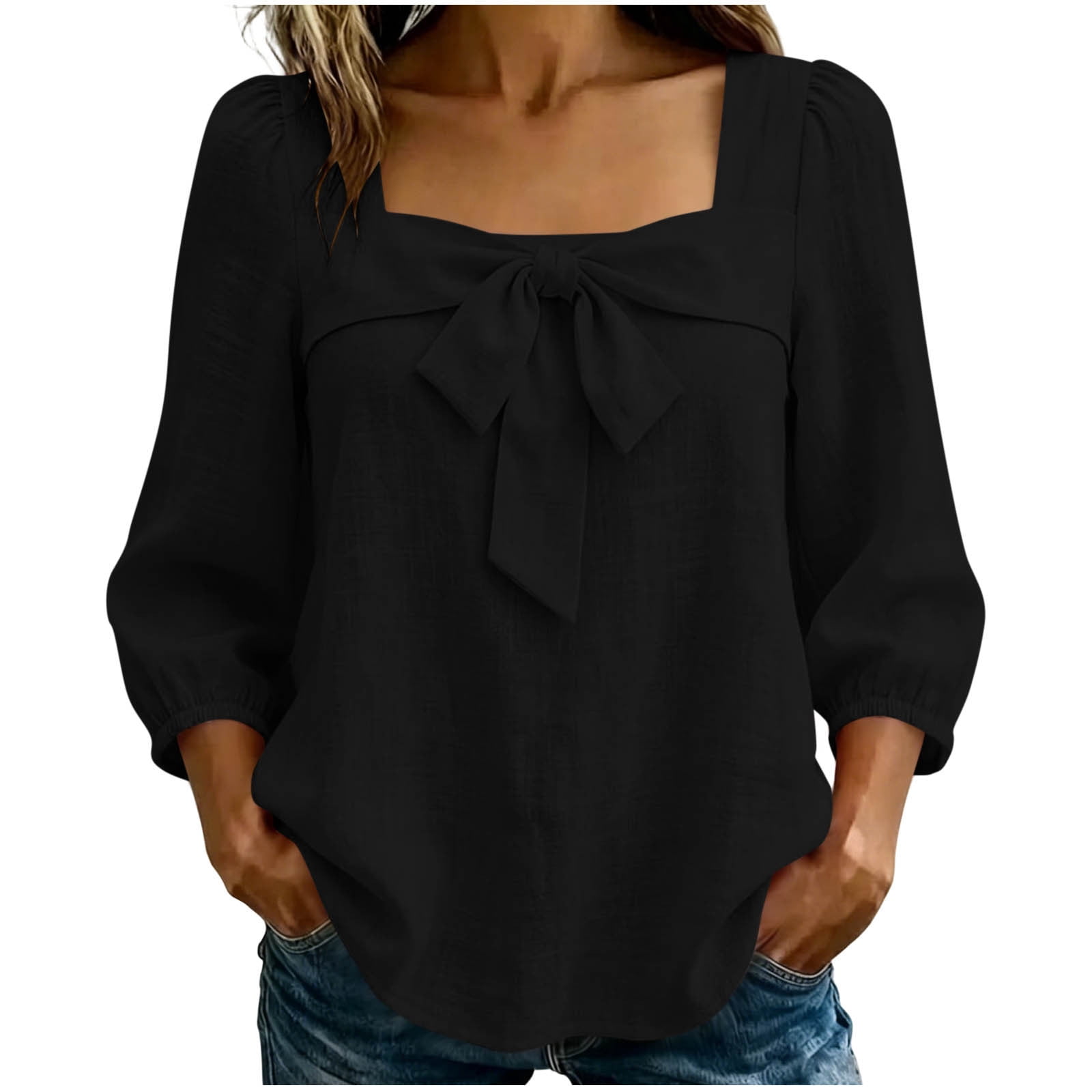 3/4 Length Sleeve Tops Womens Bowknot Front Square Neck Cute Summer ...