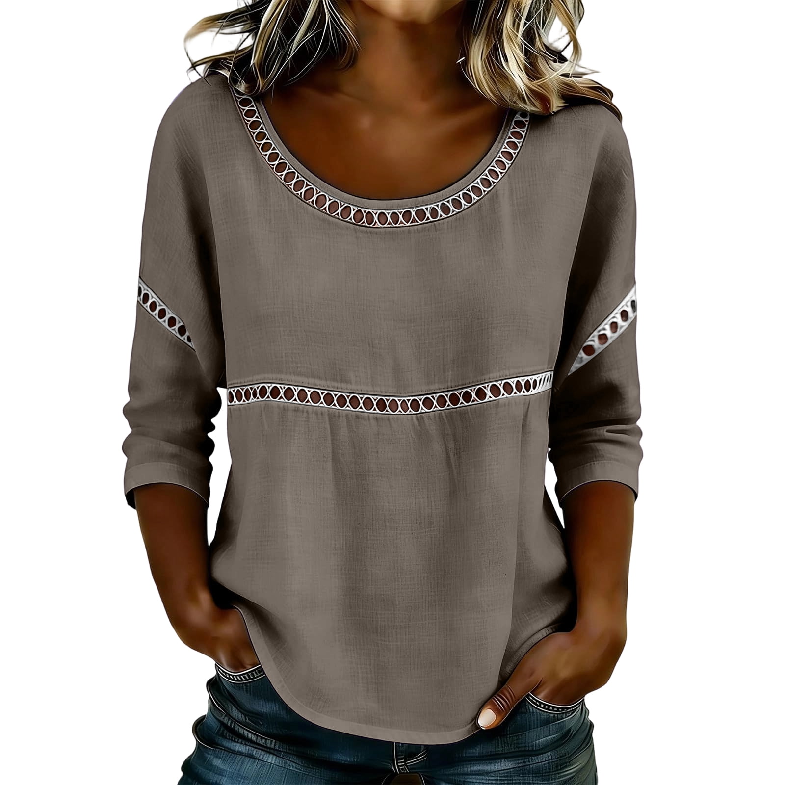 3/4 Length Sleeve Tops for Women Lace Patch Casual Dressy Blouses Boho ...