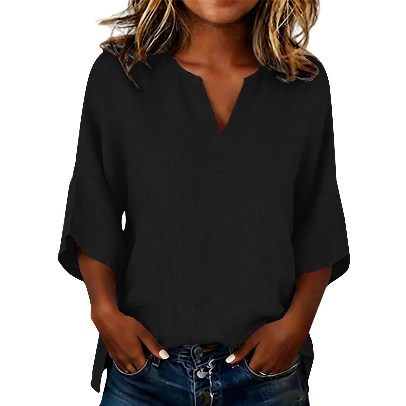 3/4 Length Sleeve Tops for Women Linen Shirts Casual Solid Color V Neck ...