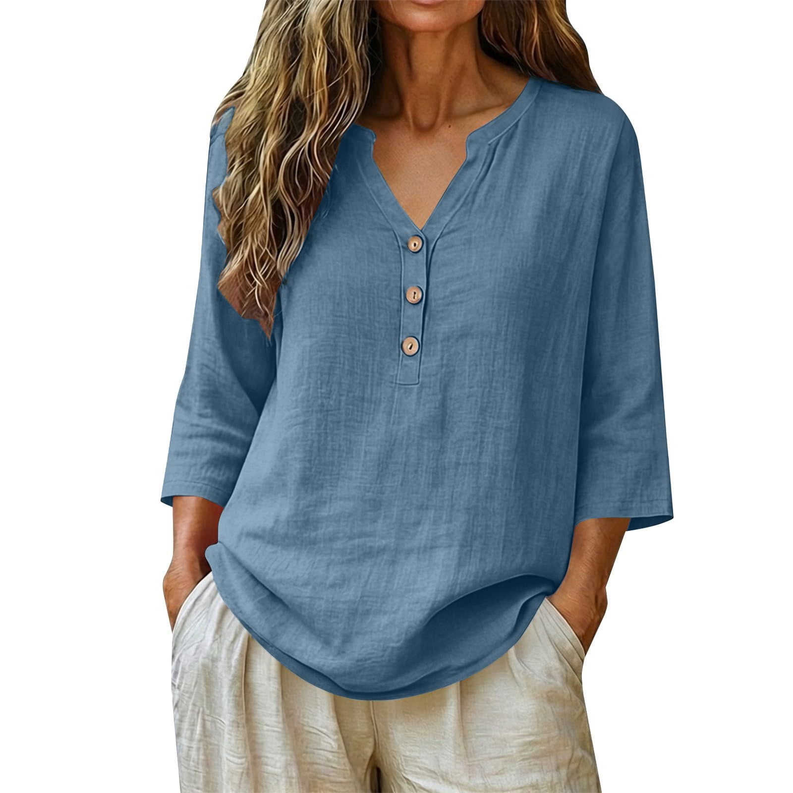 3/4 Length Sleeve Tops for Women Loose V Neck Button Blouse with Roll ...