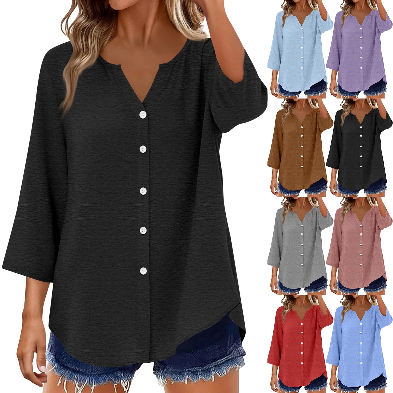 3/4 Length Sleeve Tops for Women Oversize Casual V Neck Button Down ...