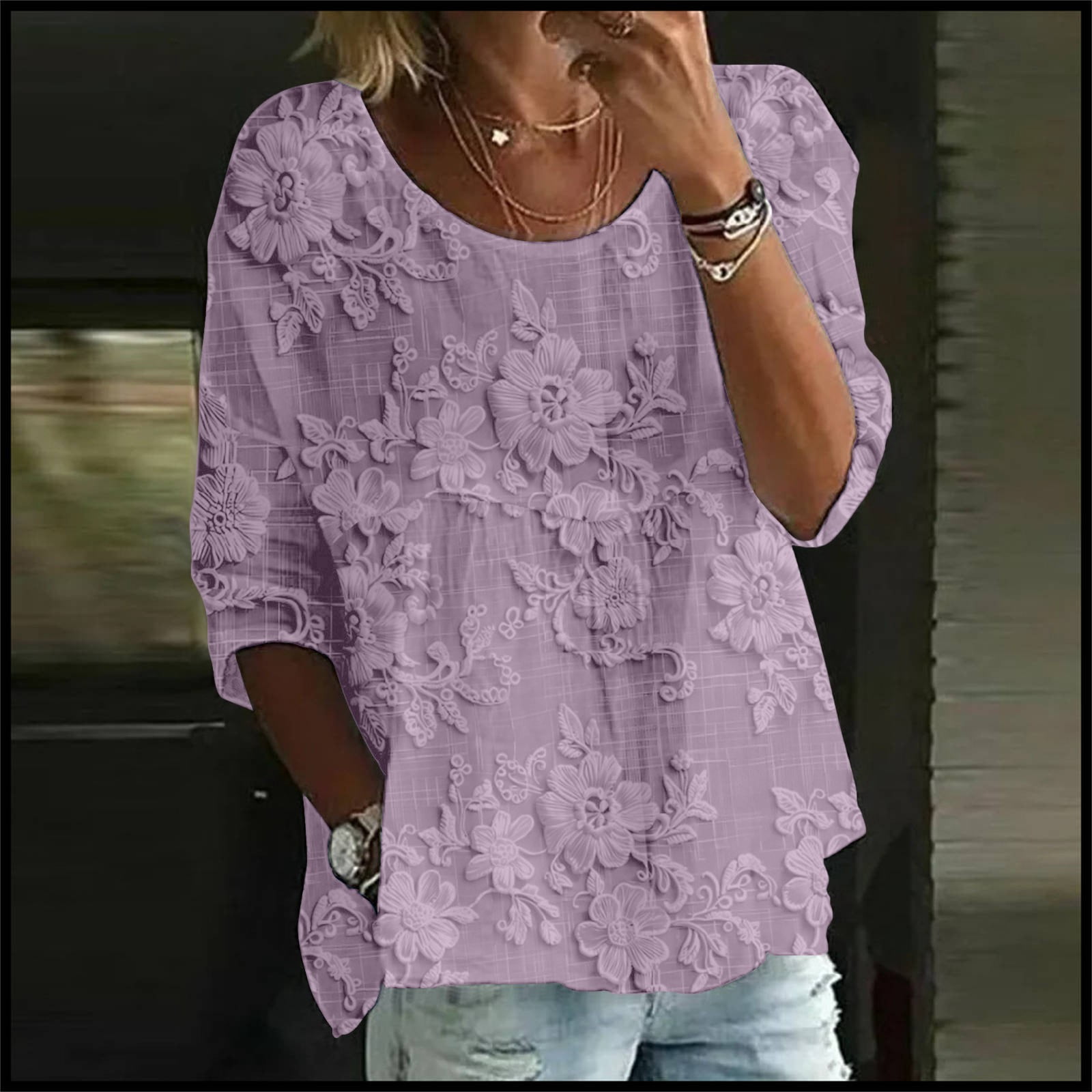 3/4 Length Sleeve Tops for Women Print Loose Large Size Crew Neck Women ...
