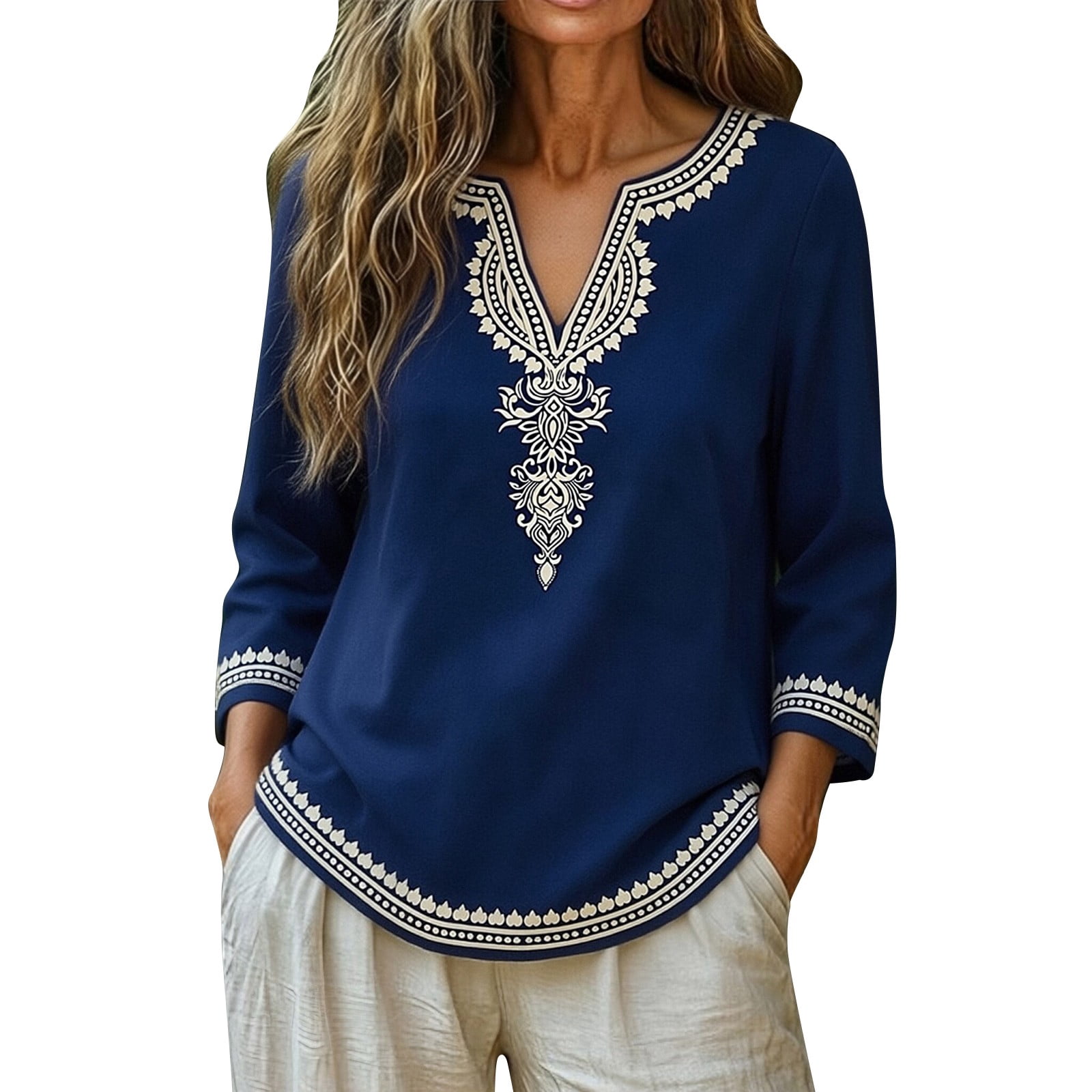 3/4 Length Sleeve Tops for Women Shirts V Neck Long Sleeve Button Down ...