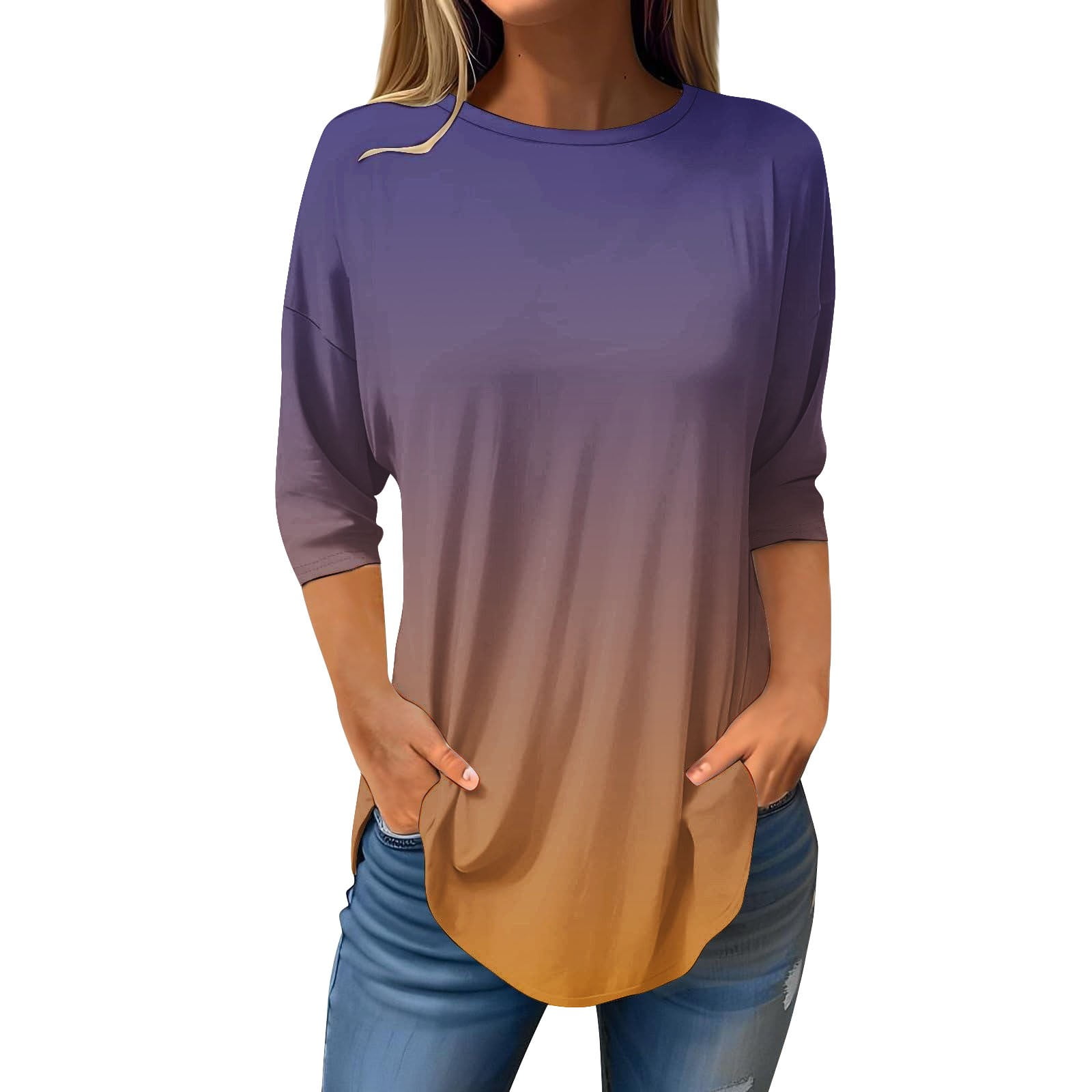 3/4 Length Sleeve Tops for Women Spring Casual Print Crew Neck Ombre ...