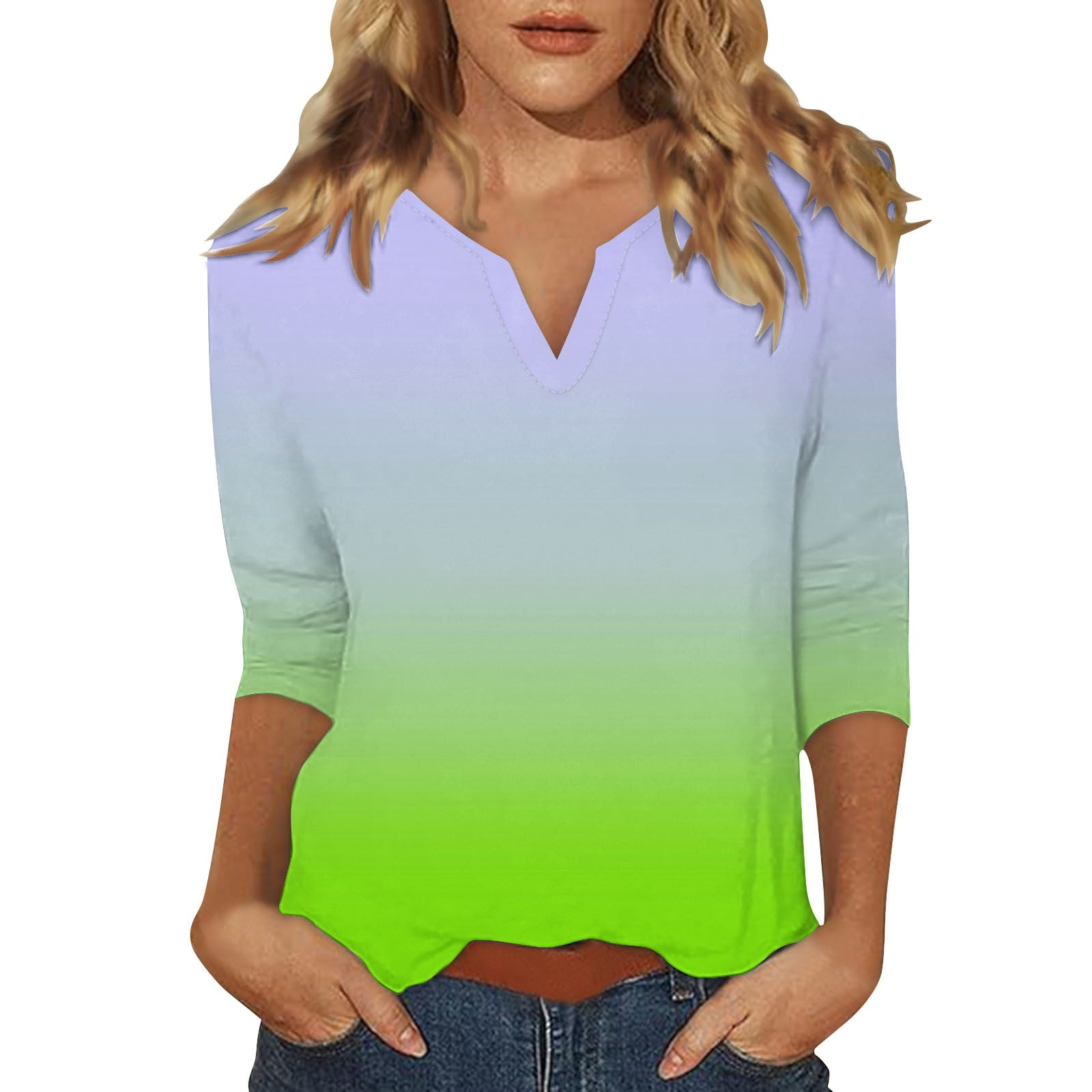 3/4 Length Sleeve Tops for Women Summer Notched Plain Casual Cute V ...