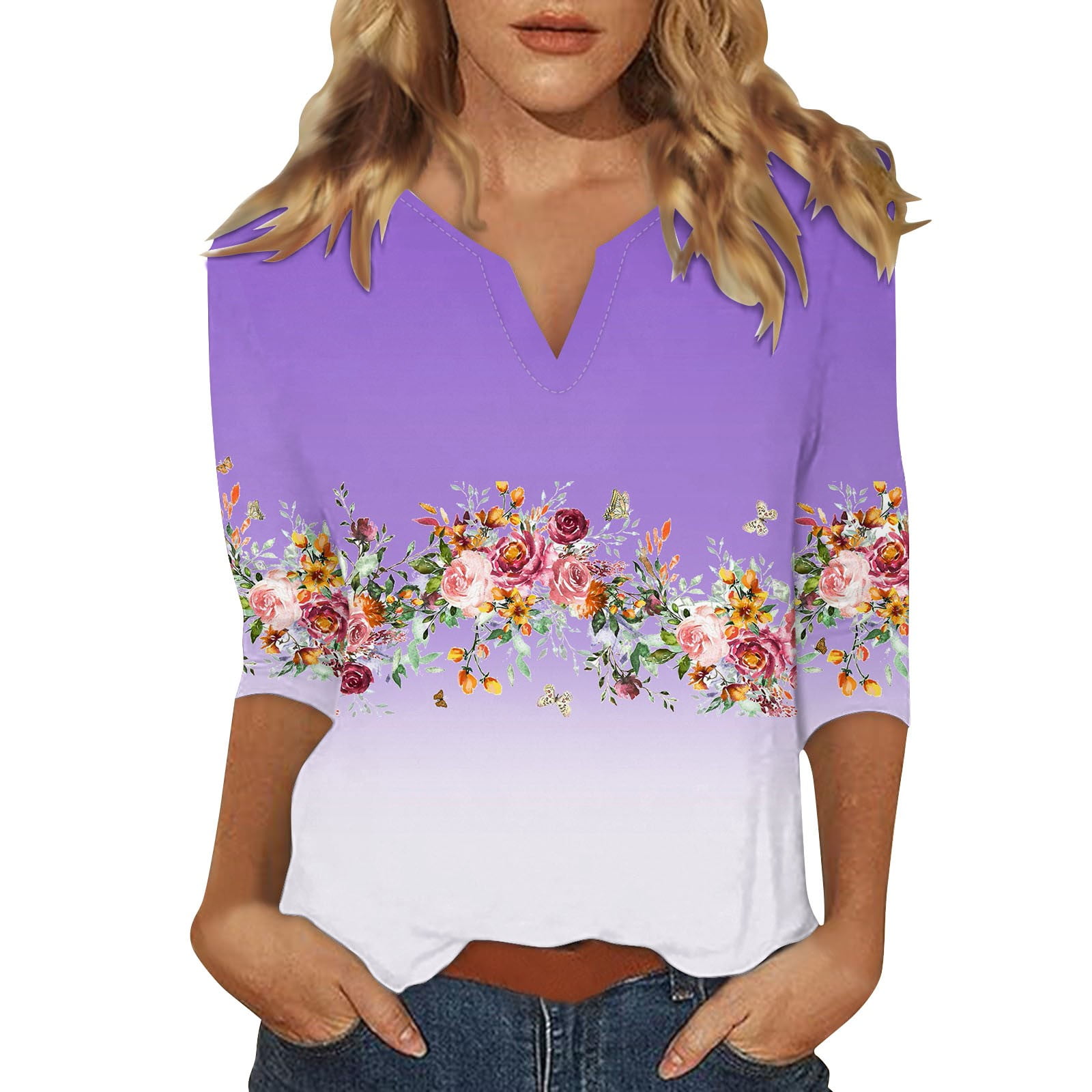 3/4 Length Sleeve Tops for Women Summer Notched Plain Casual Cute V ...
