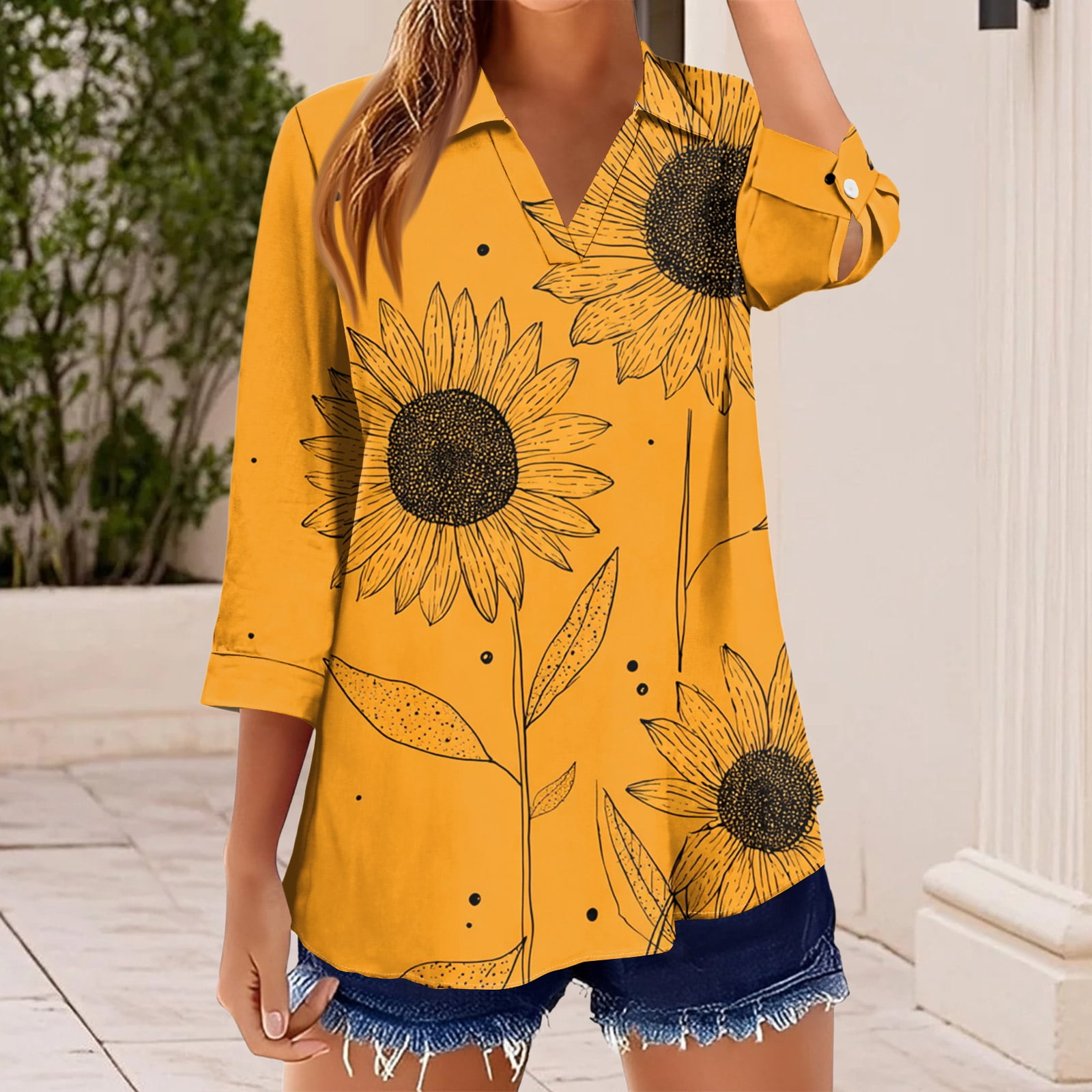 3/4 Length Sleeve Tops for Women V Neck Loose Fit Vintage Floral print ...