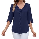 3/4 Length Sleeve Tops for Women V-Neck Pleated Ruffle Loose Fitting ...