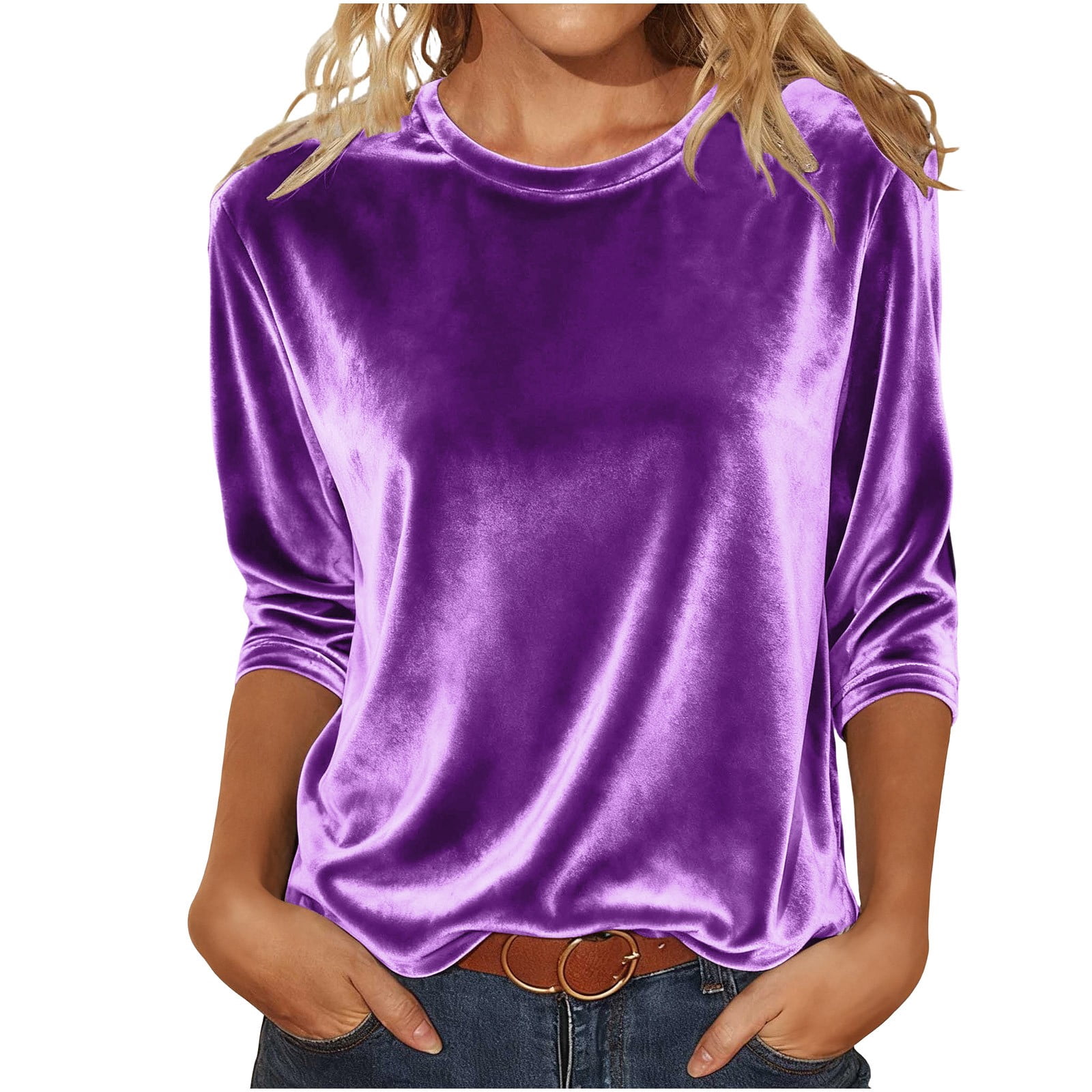 3/4 Length Sleeve Velvet Shirts for Women Round Neck Gold Velvet Dressy ...