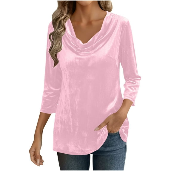 3/4 Length Sleeve Velvet T Shirts for Women Casual Cowl Neck Gold ...