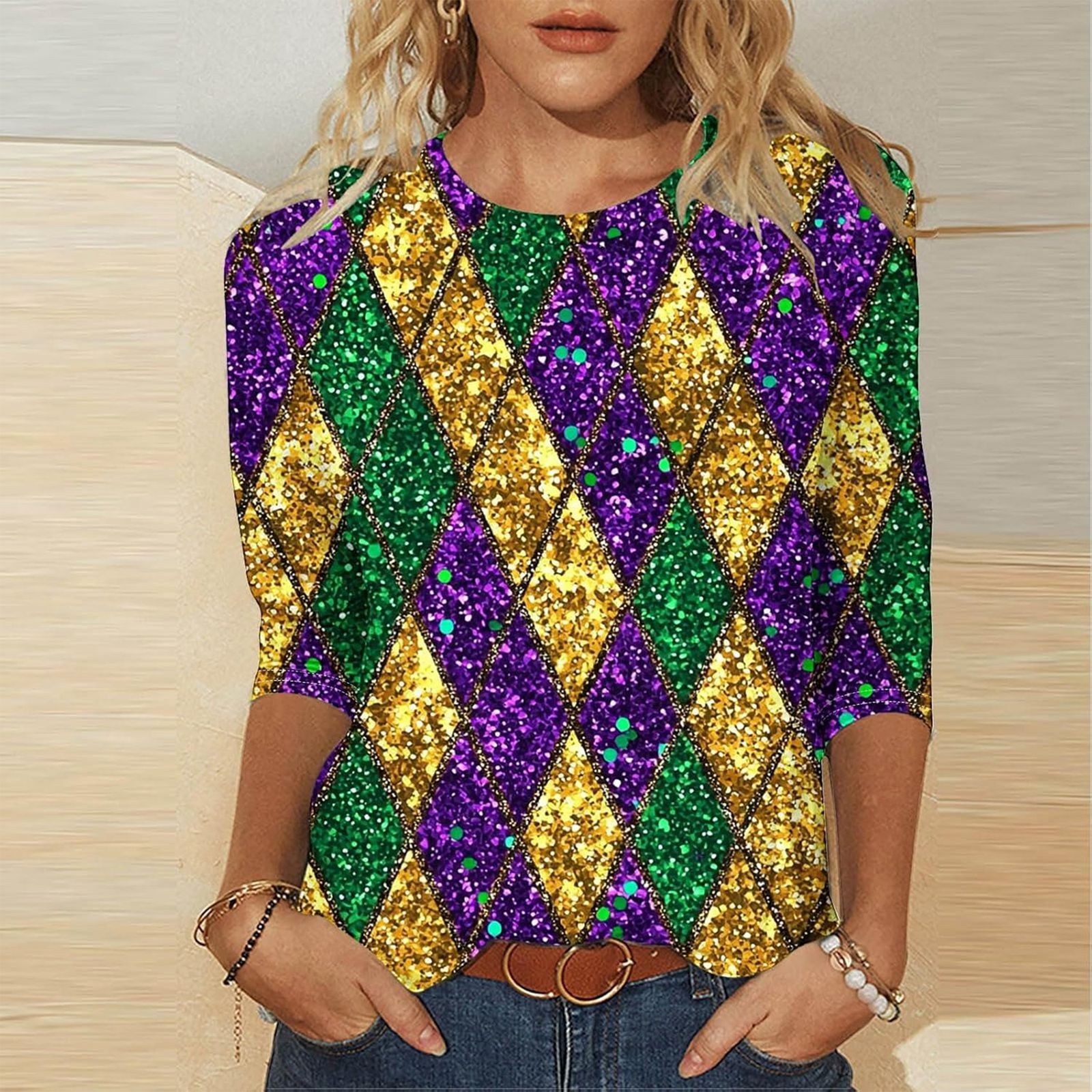 3/4 Length Sleeve Women Tops Crew Neck Mardi Gras Rhombus Sequin Tunic ...