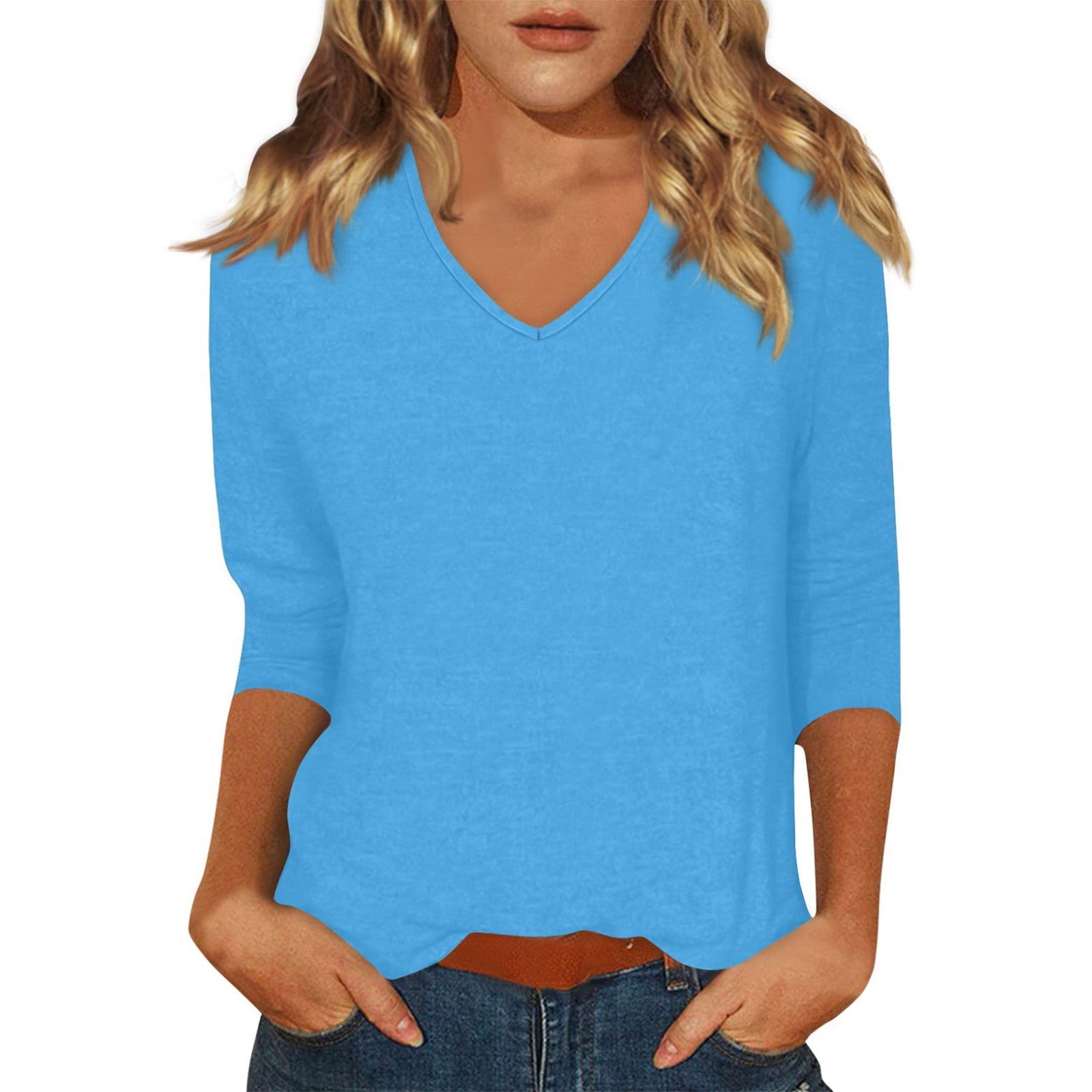 3/4 Length Sleeve Women Tops V Neck Banded Bottom Blouse Casual Shirt ...