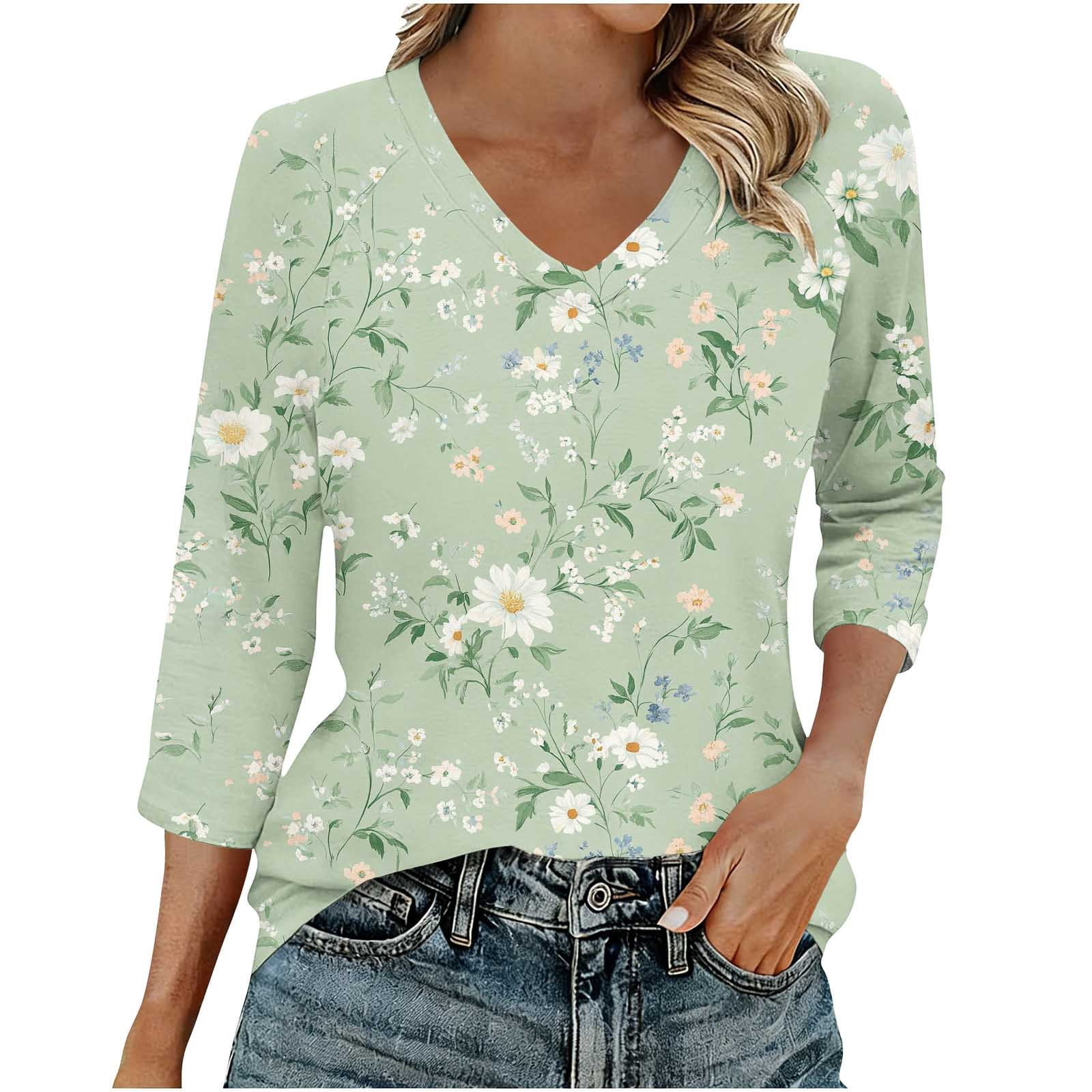 3/4 Length Sleeve Women Tops V Neck Fashion Trendy Shirts Vintage ...