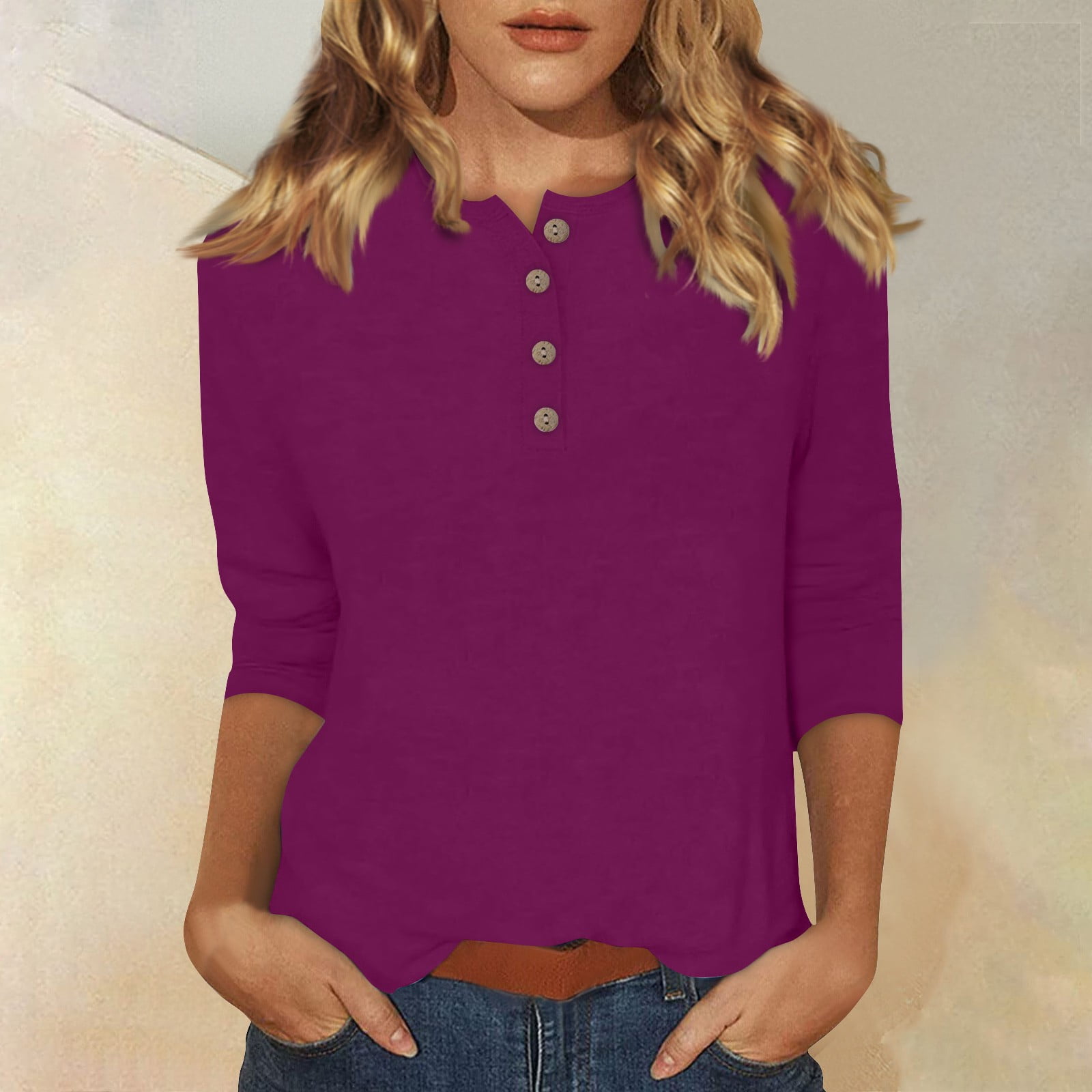 3/4 Length Sleeve Women's Top Front Pleated Buttoned Round Neck Shirt ...
