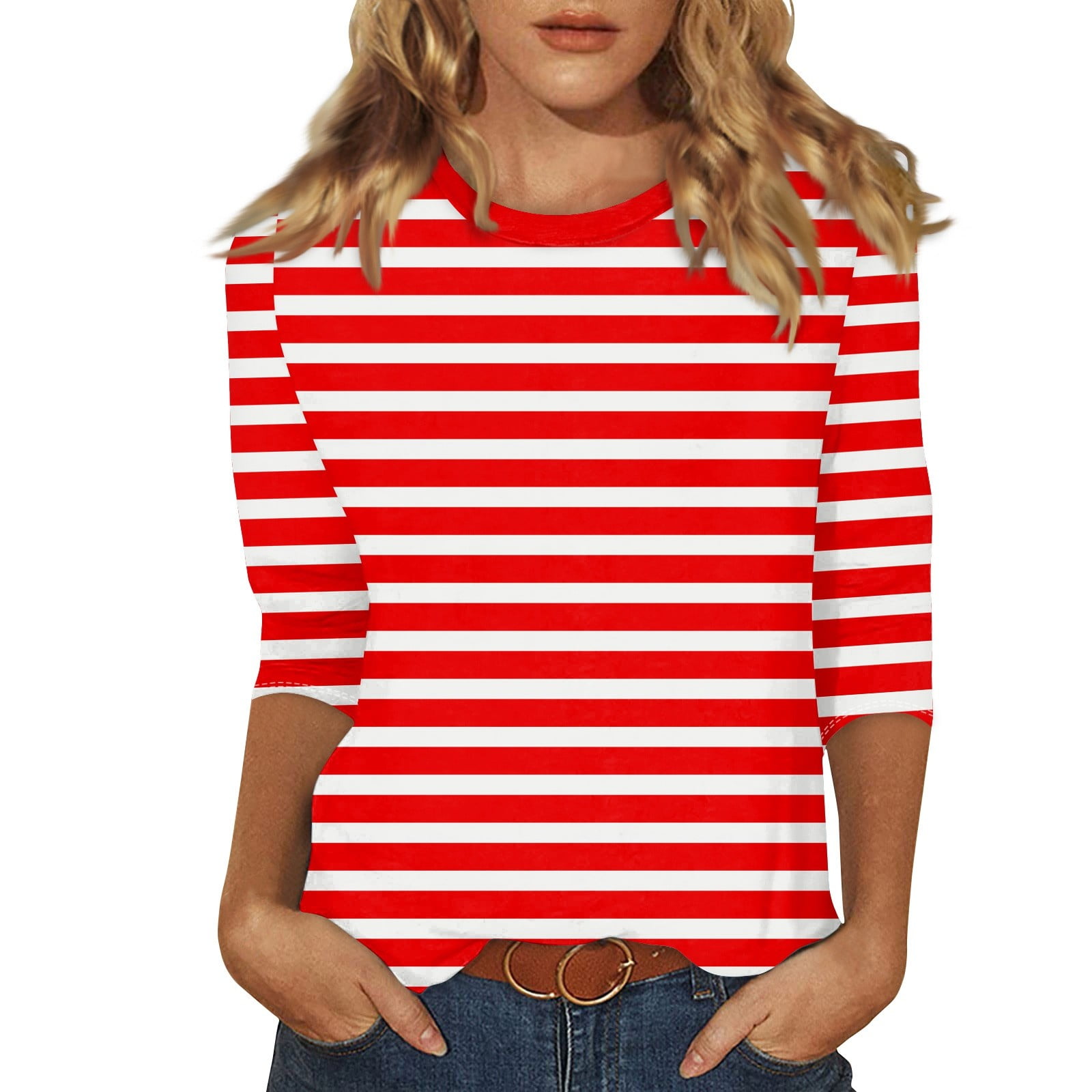 3/4 Length Sleeve Women's Top Front Pleated Round Neck Shirt Formal ...