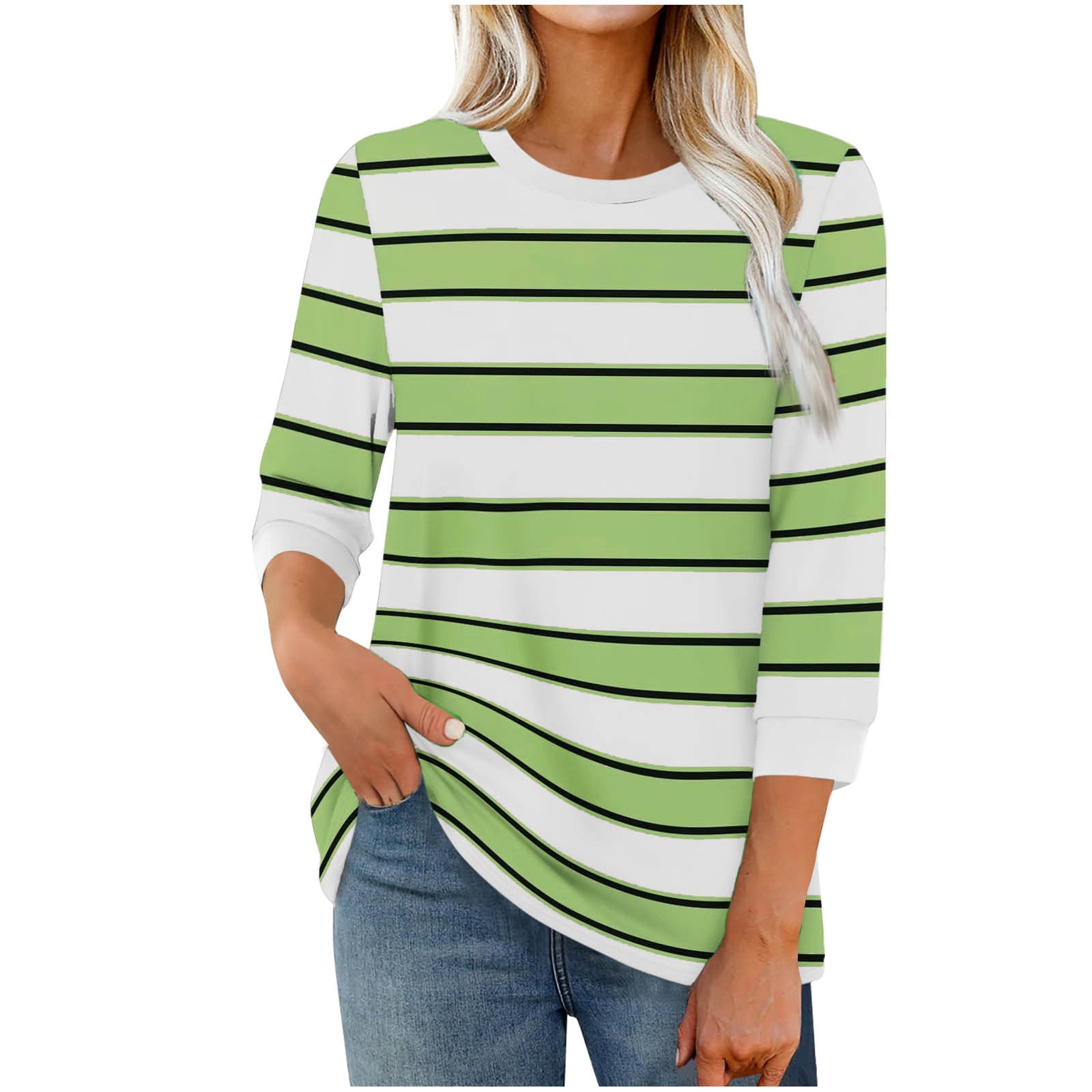 3/4 Length Sleeve Womens 2025 Summer Tops Striped Color Block Tees Shirts Round Neck Pullover ...