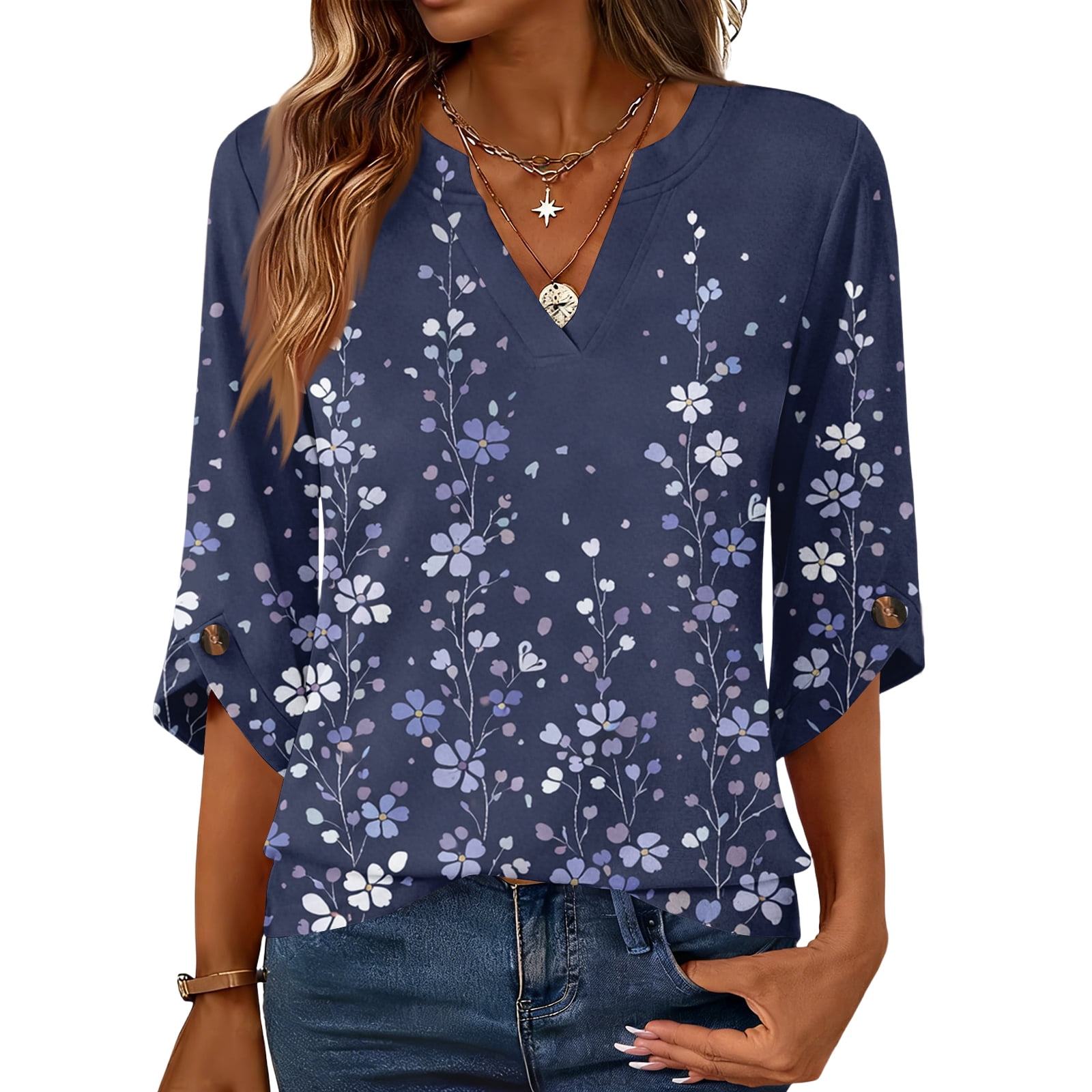 3/4 Length Sleeve Womens Floral Print Tops Dressy Casual Button Sleeve ...