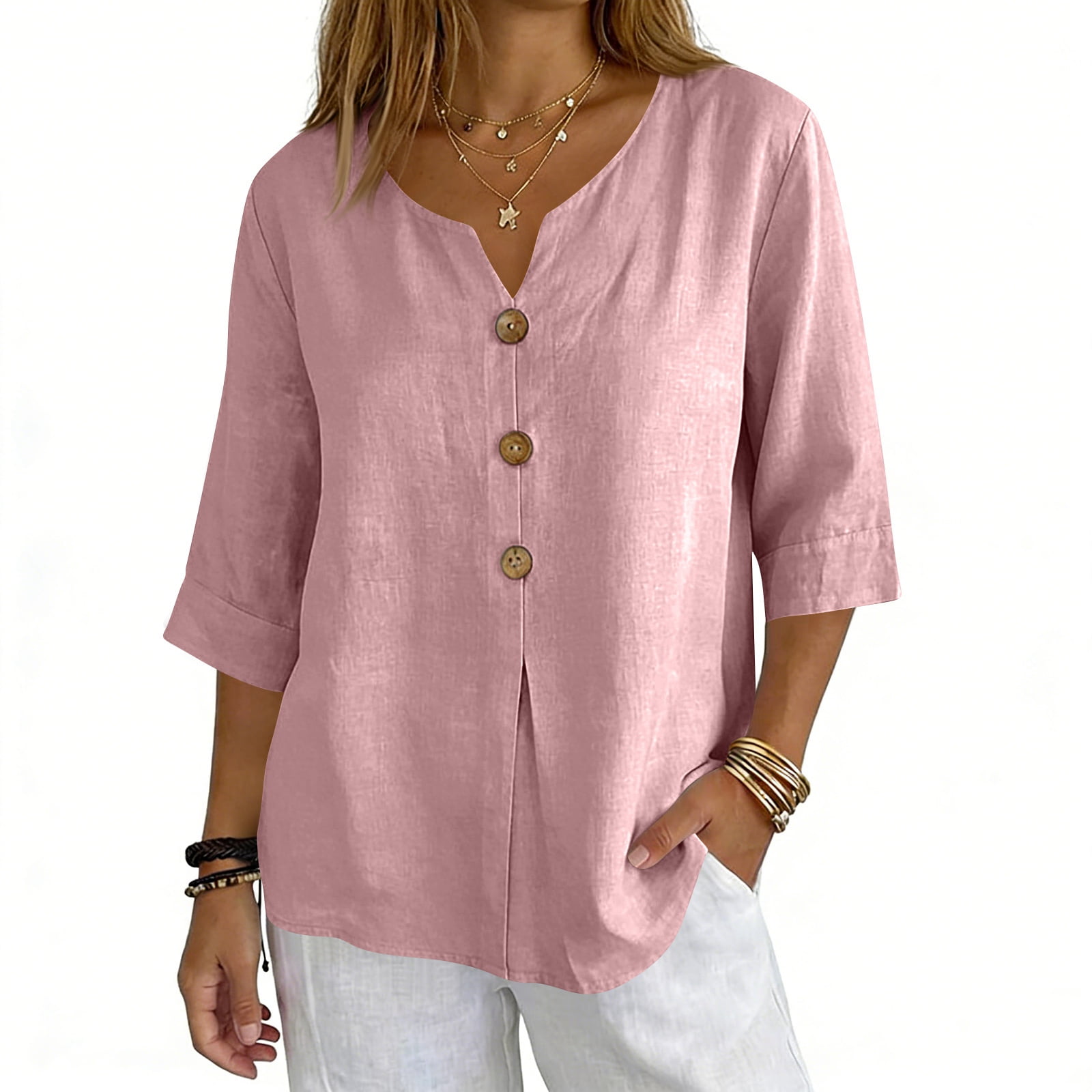 3/4 Length Sleeve Womens Shirts Cotton Linen V Neck Tshirts Summer Boho ...