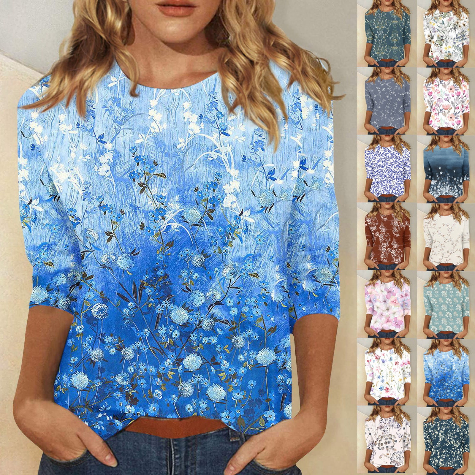 3/4 Length Sleeve Womens Tops 2026 Round Neck Shirts Casual Three ...