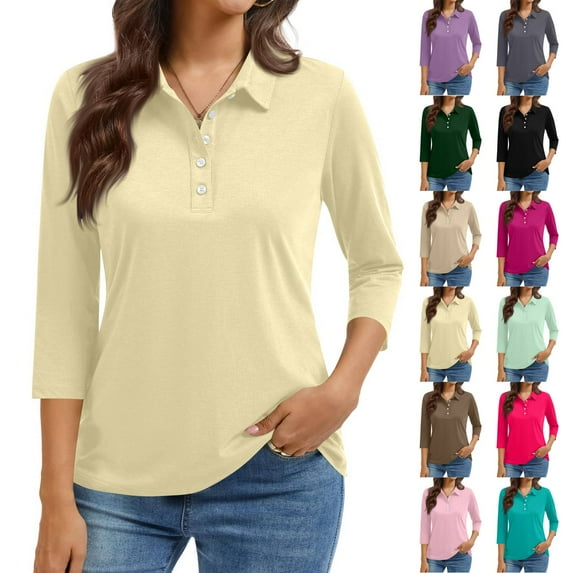 3/4 Length Sleeve Womens Tops 2026 Spring Summer Collared Polo Shirts V ...