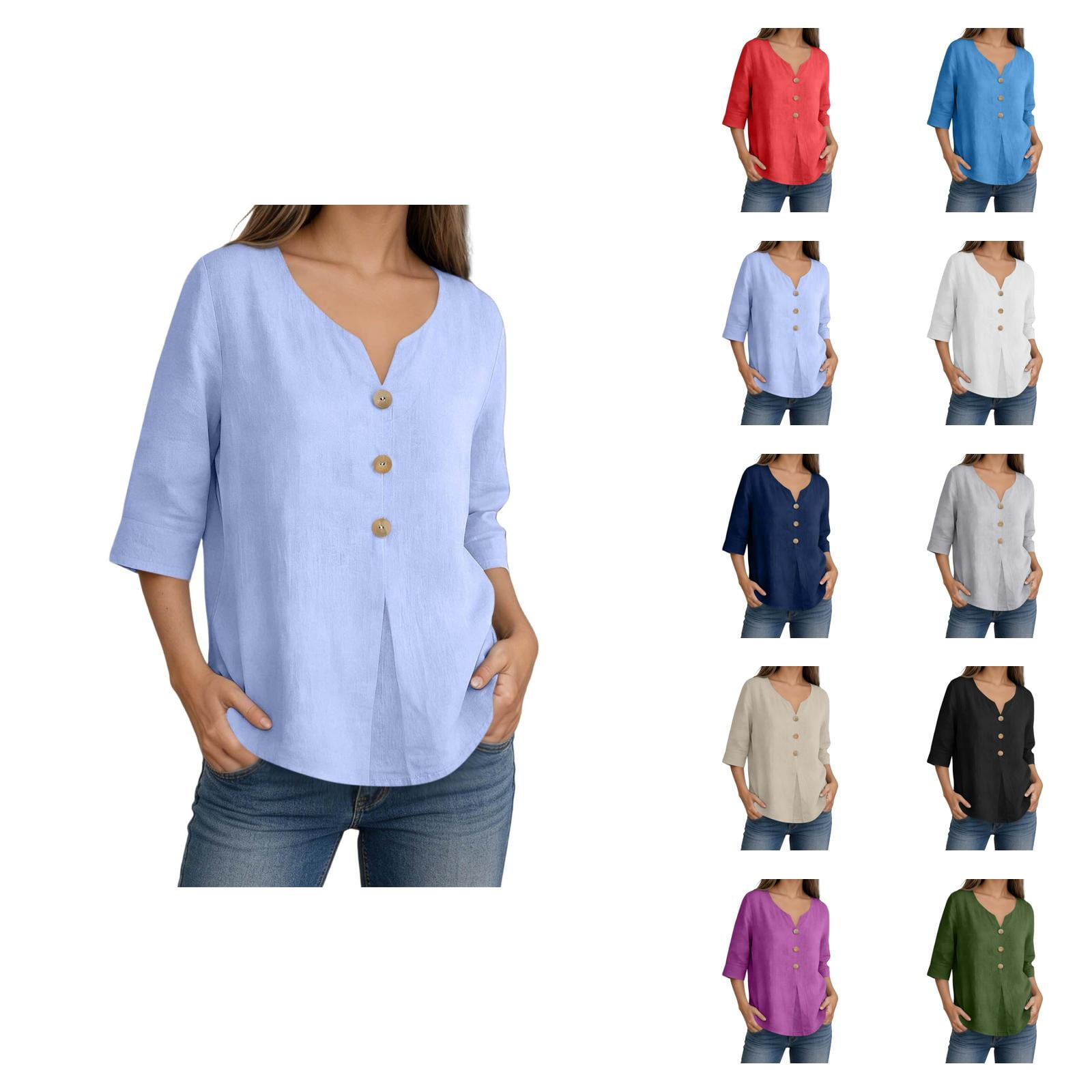 3/4 Length Sleeve Womens Tops 2026 Spring Summer Cotton Linen V Neck ...