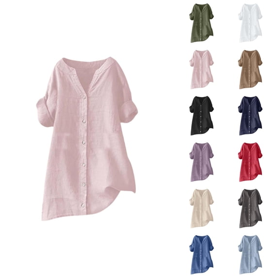 3/4 Length Sleeve Womens Tops 2026 Trendy Casual Cotton Linen V Neck ...