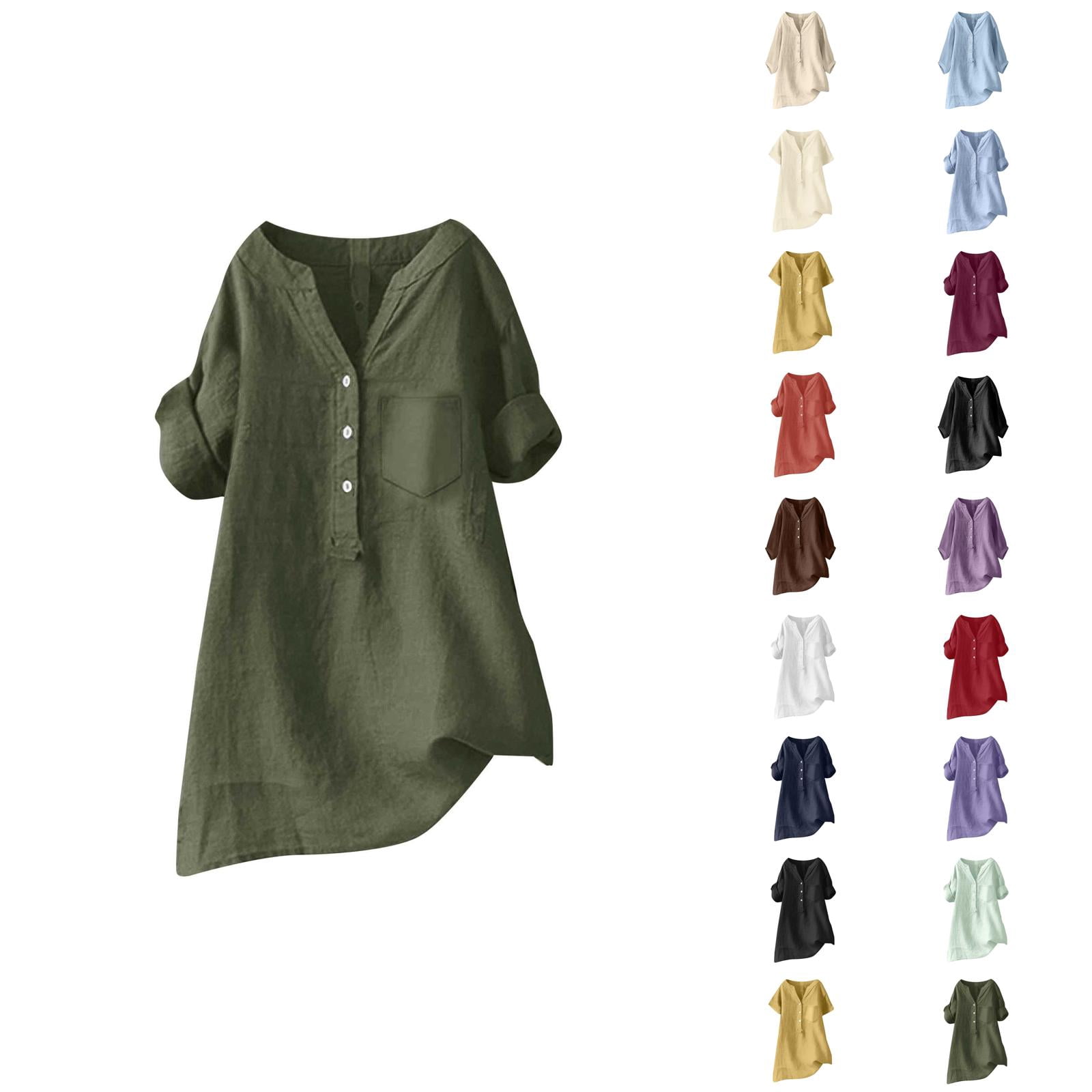 3/4 Length Sleeve Womens Tops 2026 Trendy Cotton Linen V Neck Stand ...