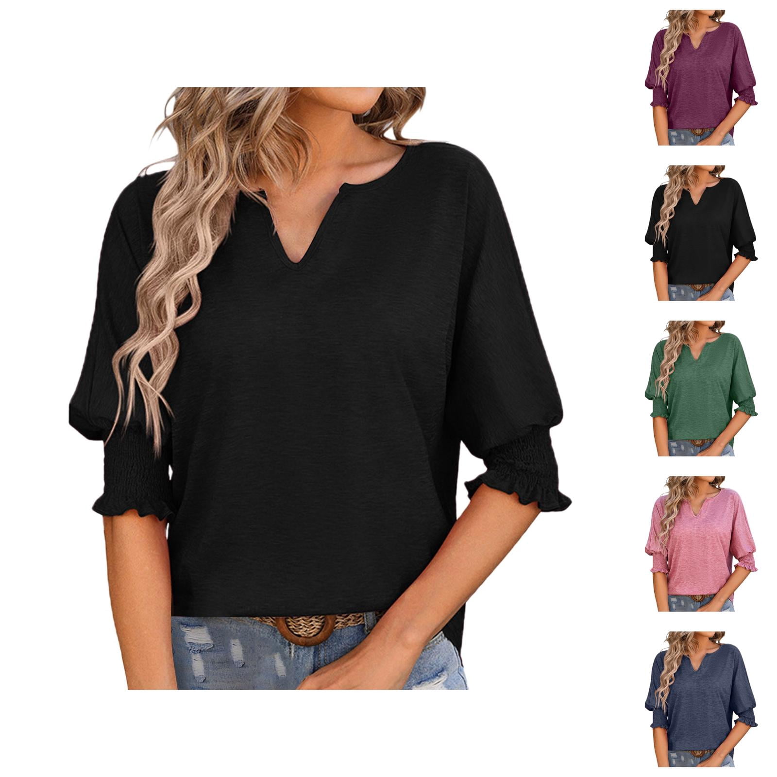 3/4 Length Sleeve Womens Tops 2026 Trendy Cute Smocked Cuffs V Neck ...