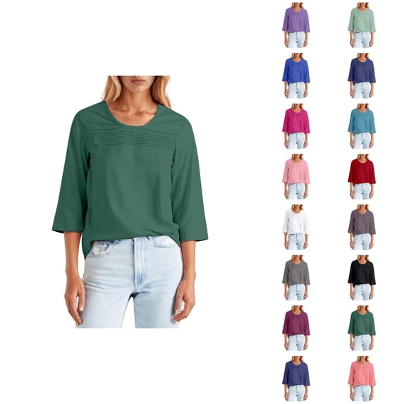 3/4 Length Sleeve Womens Tops 2026 Trendy Scoop Neck Pleated Front ...