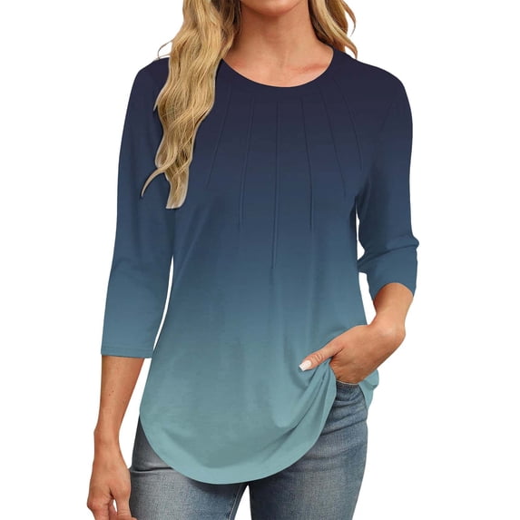 3/4 Length Sleeve Womens Tops Basic Pleated Shirts Loose Fit Crew Neck ...