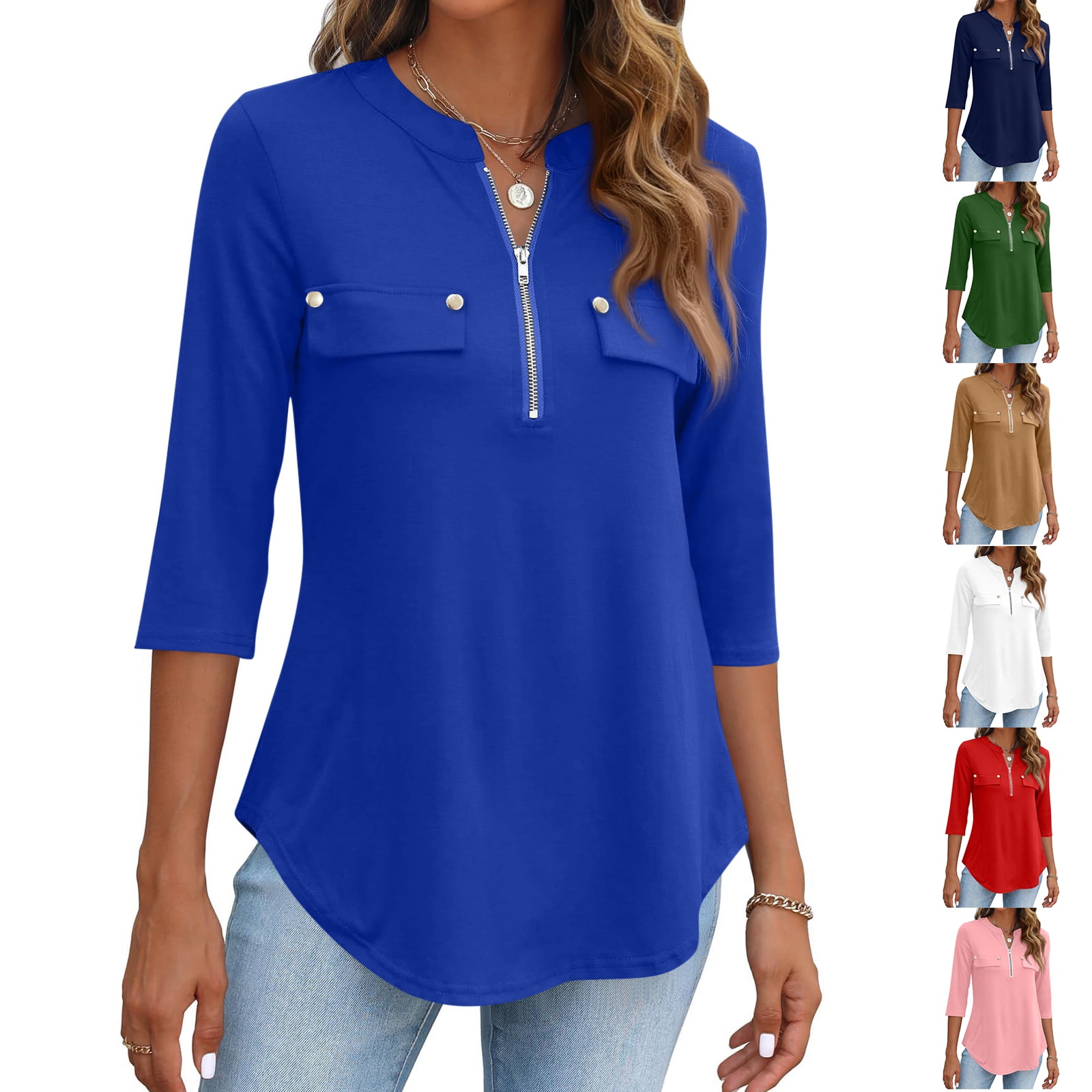 3/4 Length Sleeve Womens Tops Business Casual Zip Front V Neck Shirt ...