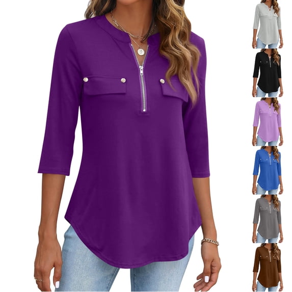 3/4 Length Sleeve Womens Tops Business Casual Zip Front V Neck Shirt ...