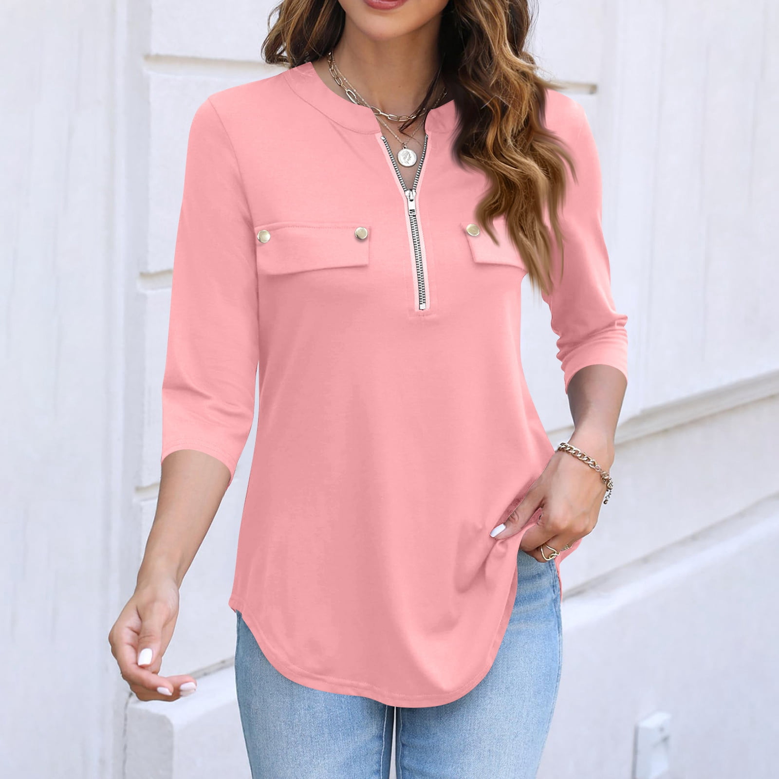 3/4 Length Sleeve Womens Tops Business Casual Zip Front V Neck Shirt ...