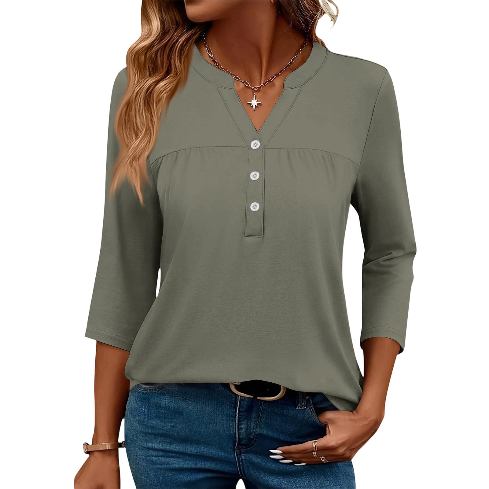 3/4 Length Sleeve Womens Tops Button Down Henley V Neck Summer Shirts ...