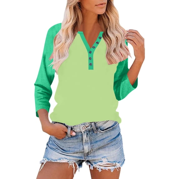 3/4 Length Sleeve Womens Tops Button V Neck Solid Color Three Quarter ...