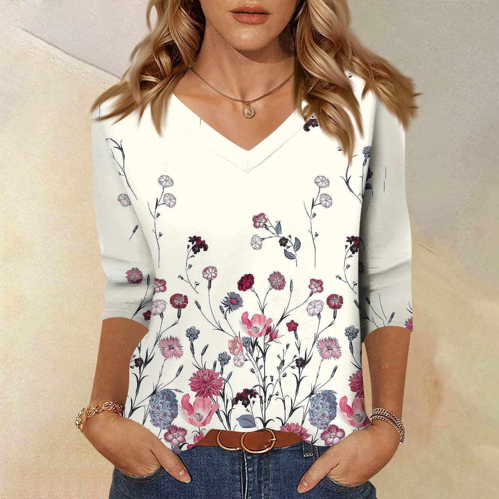 3/4 Length Sleeve Womens Tops Casual Dressy Summer Blouses Buisness ...